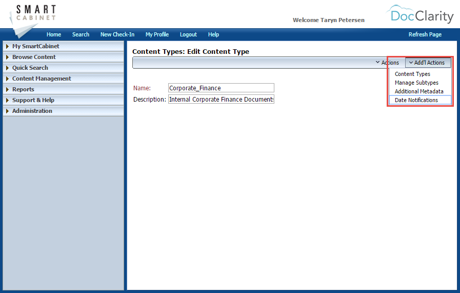 Manage Metadata: Content Types Administration – SmartCabinet Support