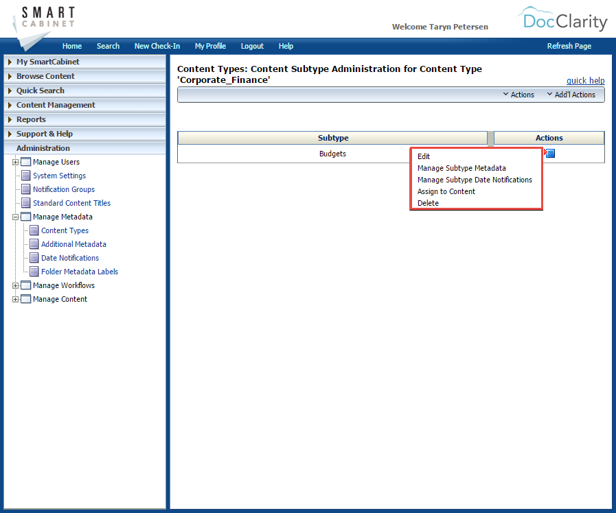 Manage Metadata: Content Types Administration – SmartCabinet Support