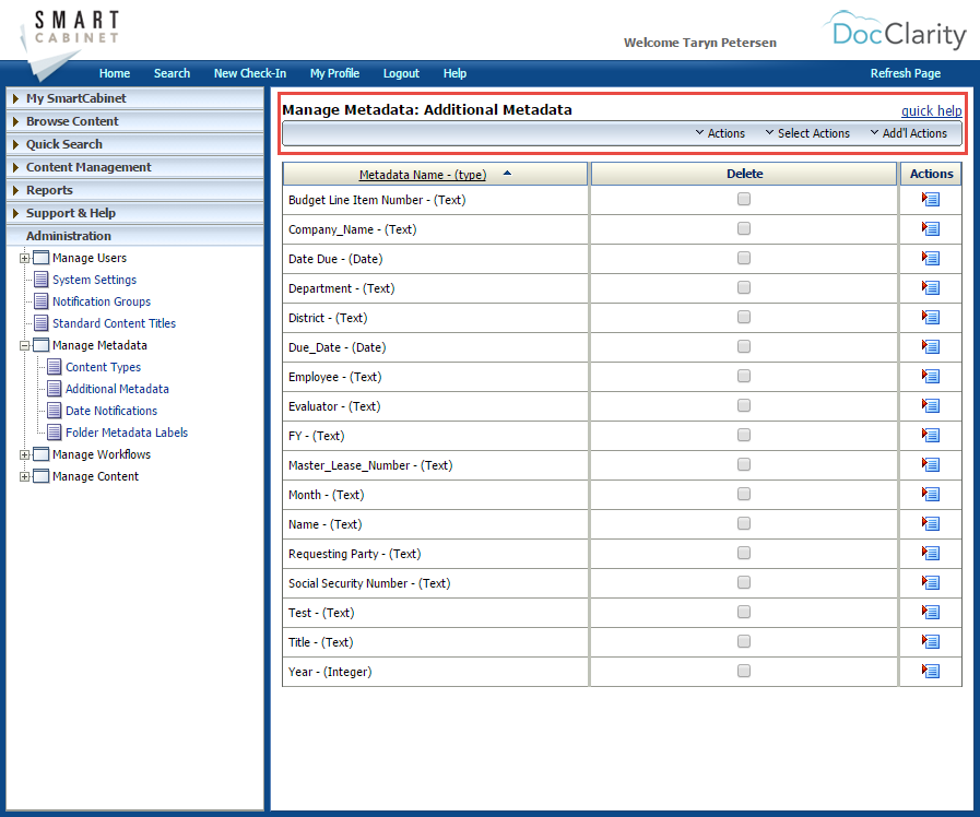 Manage Metadata: Content Types Administration – SmartCabinet Support