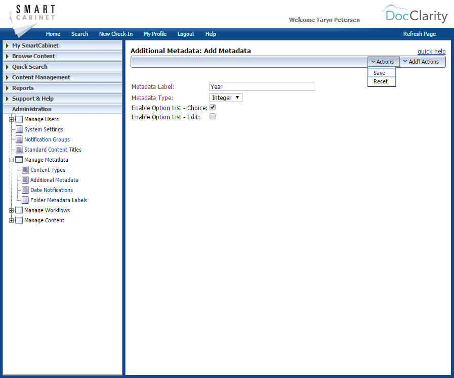 Manage Metadata: Content Types Administration – SmartCabinet Support