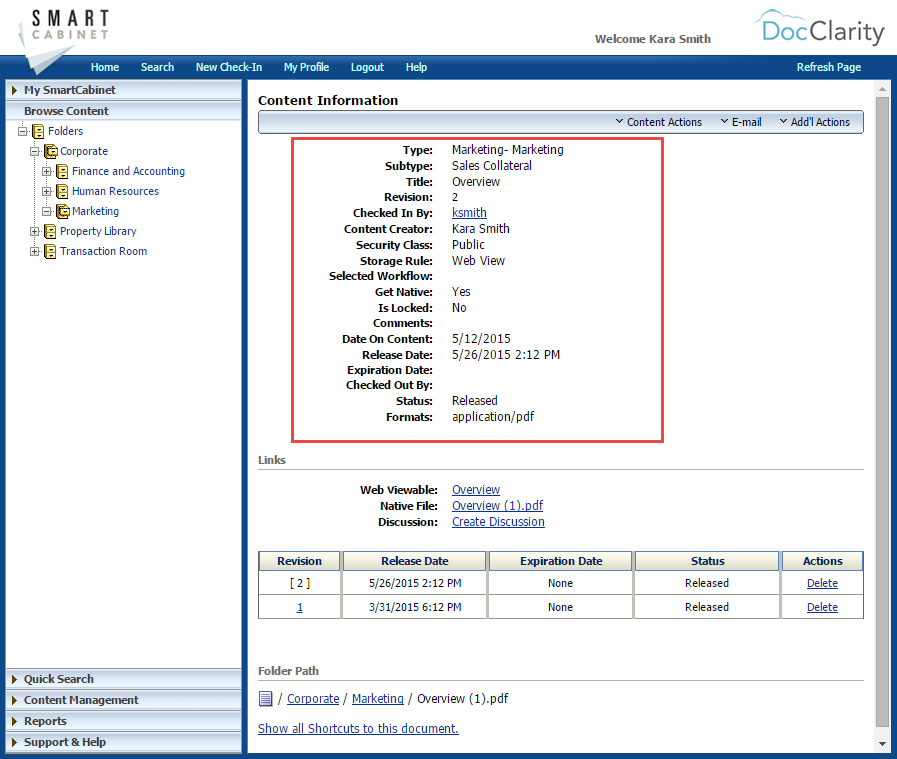 Content Information and Metadata – SmartCabinet Support