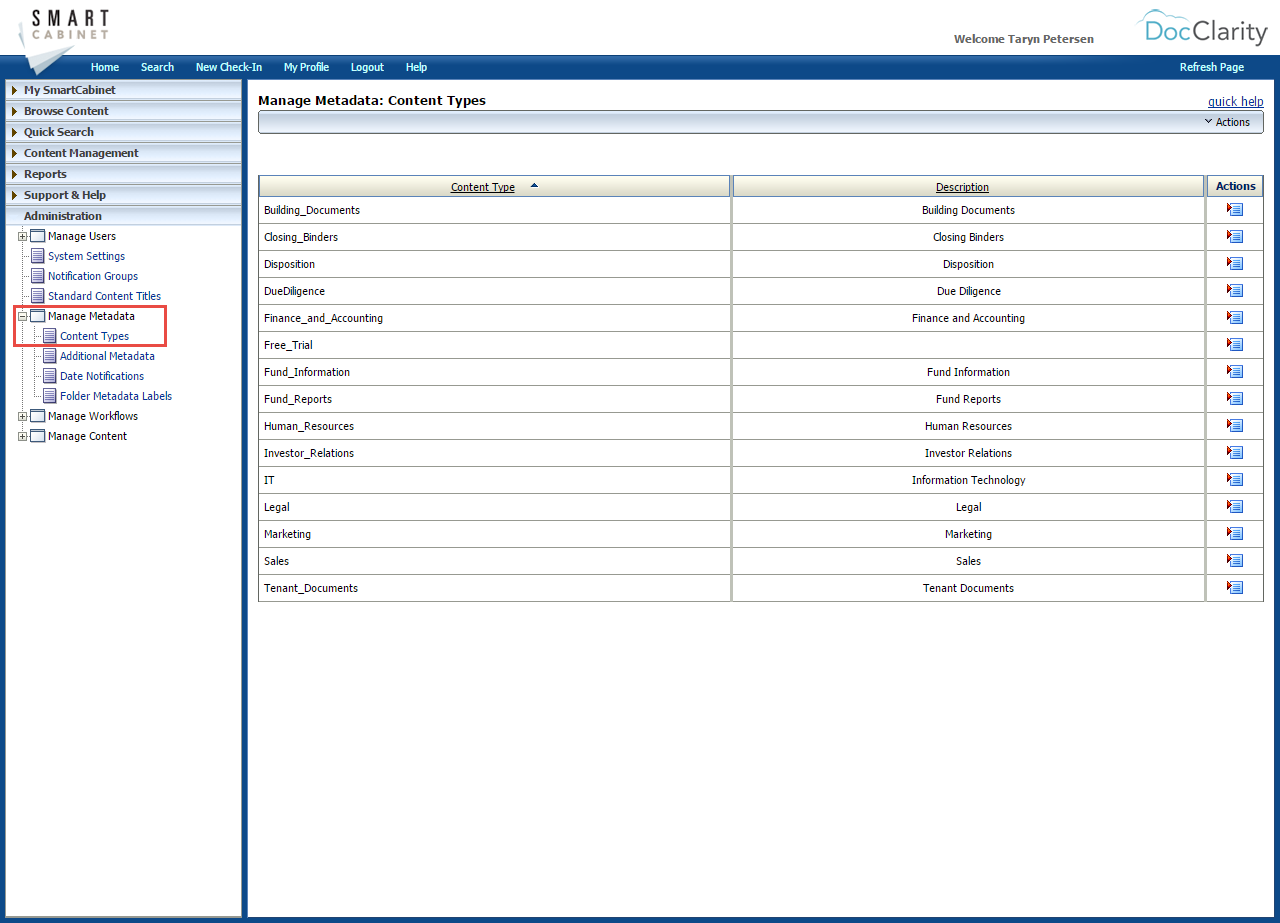 Manage Metadata: Content Types Administration – SmartCabinet Support