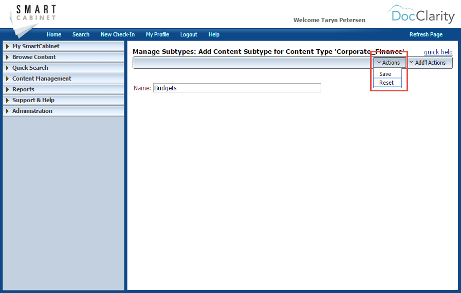 Manage Metadata: Content Types Administration – SmartCabinet Support