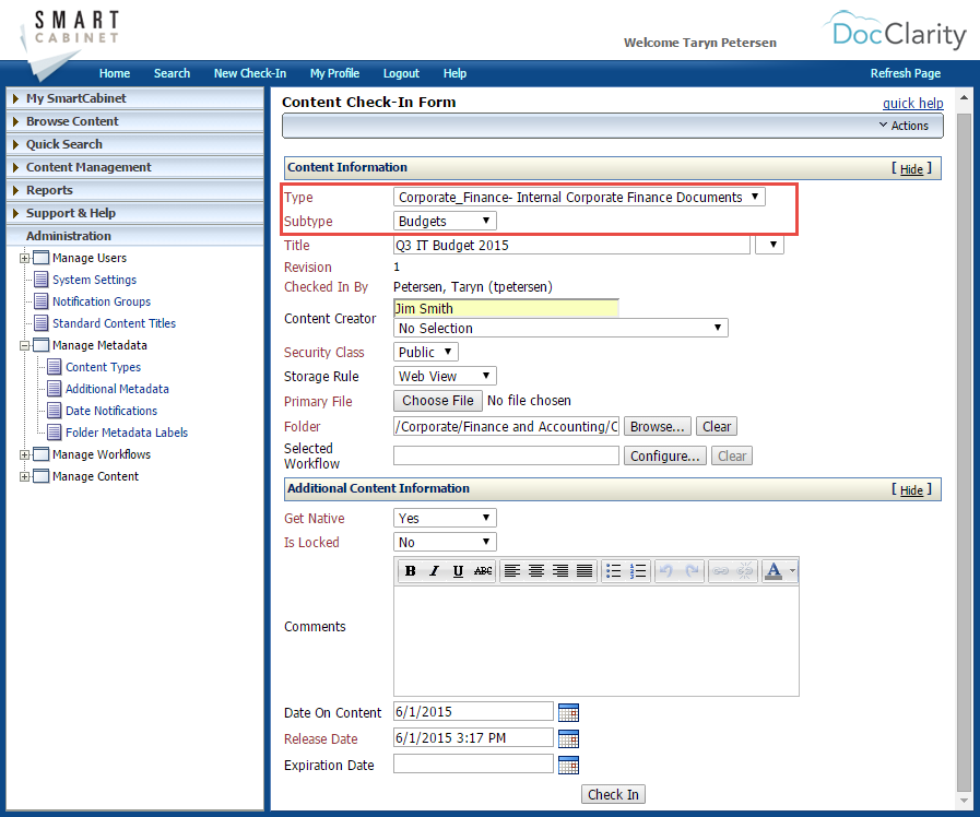 Manage Metadata: Content Types Administration – SmartCabinet Support