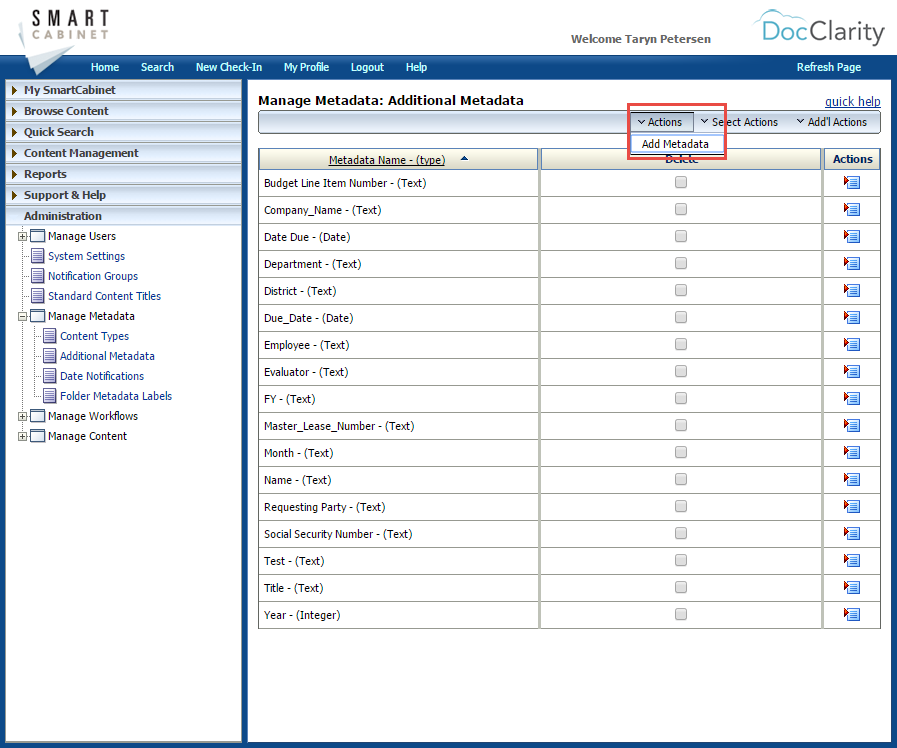 Manage Metadata: Additional Metadata – SmartCabinet Support